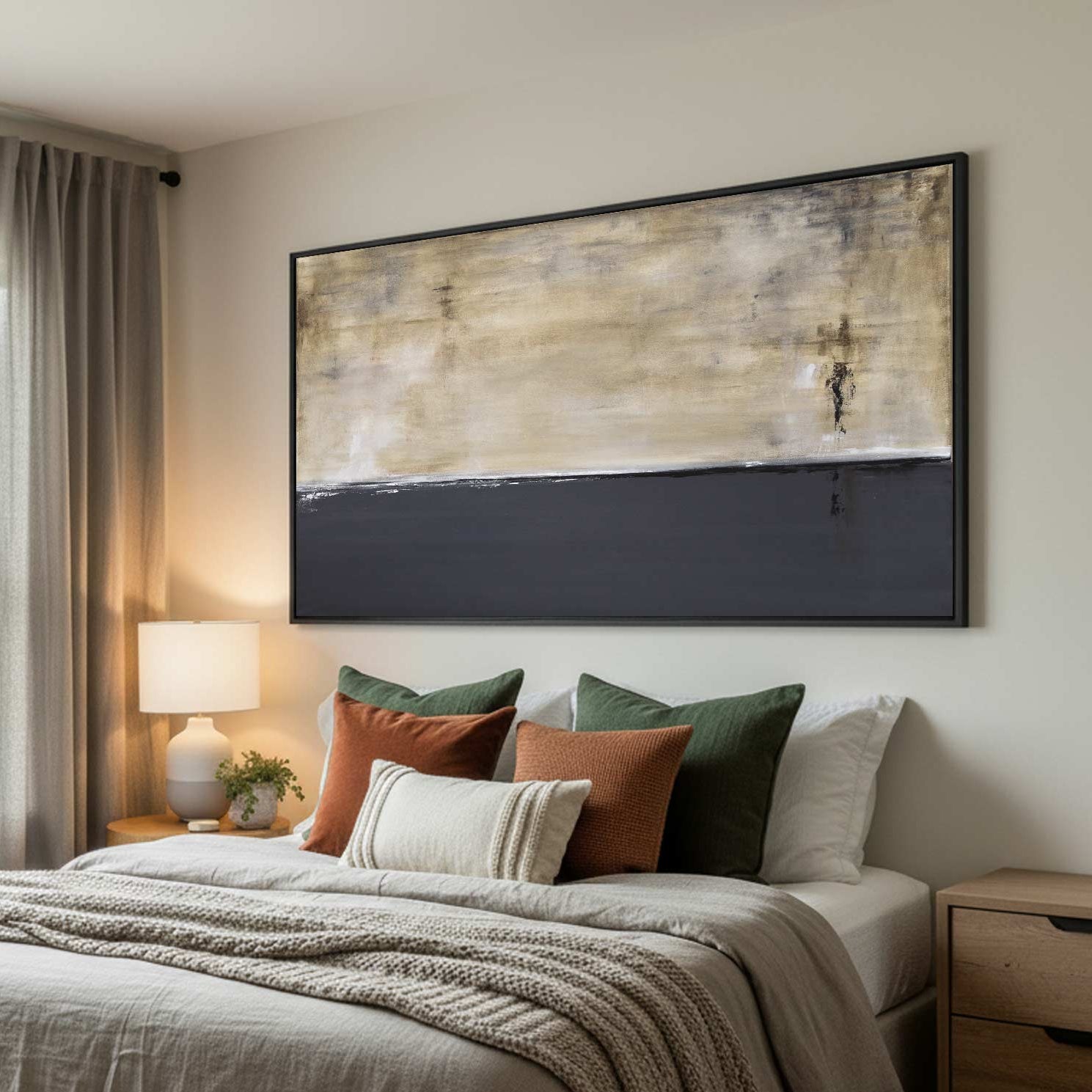 Long Thin Painting For Over Bed Gray Beige Calming Art – Sky Whitman ...