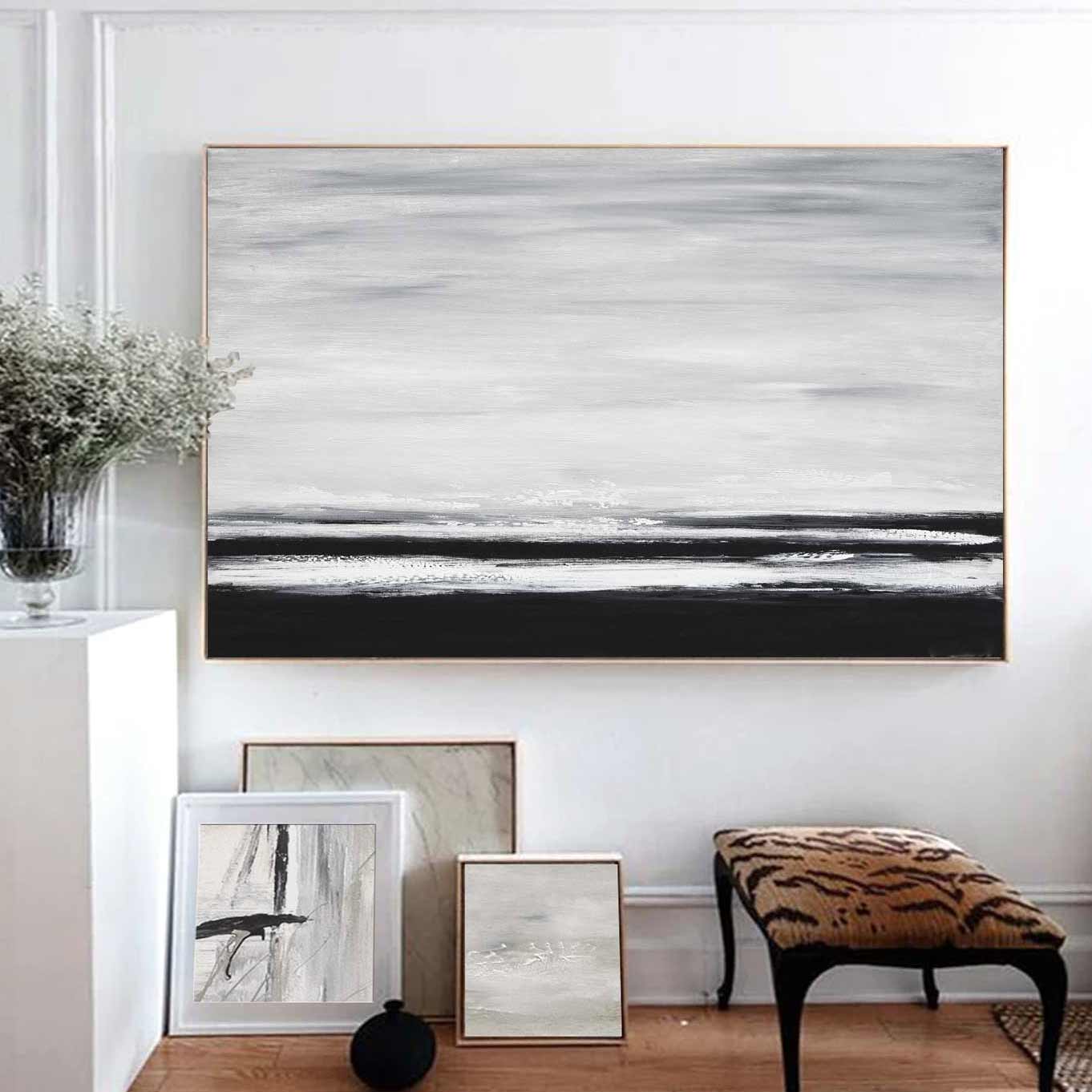 Grayscale Painting Landscape Black White Hand Painted Contemporary ...